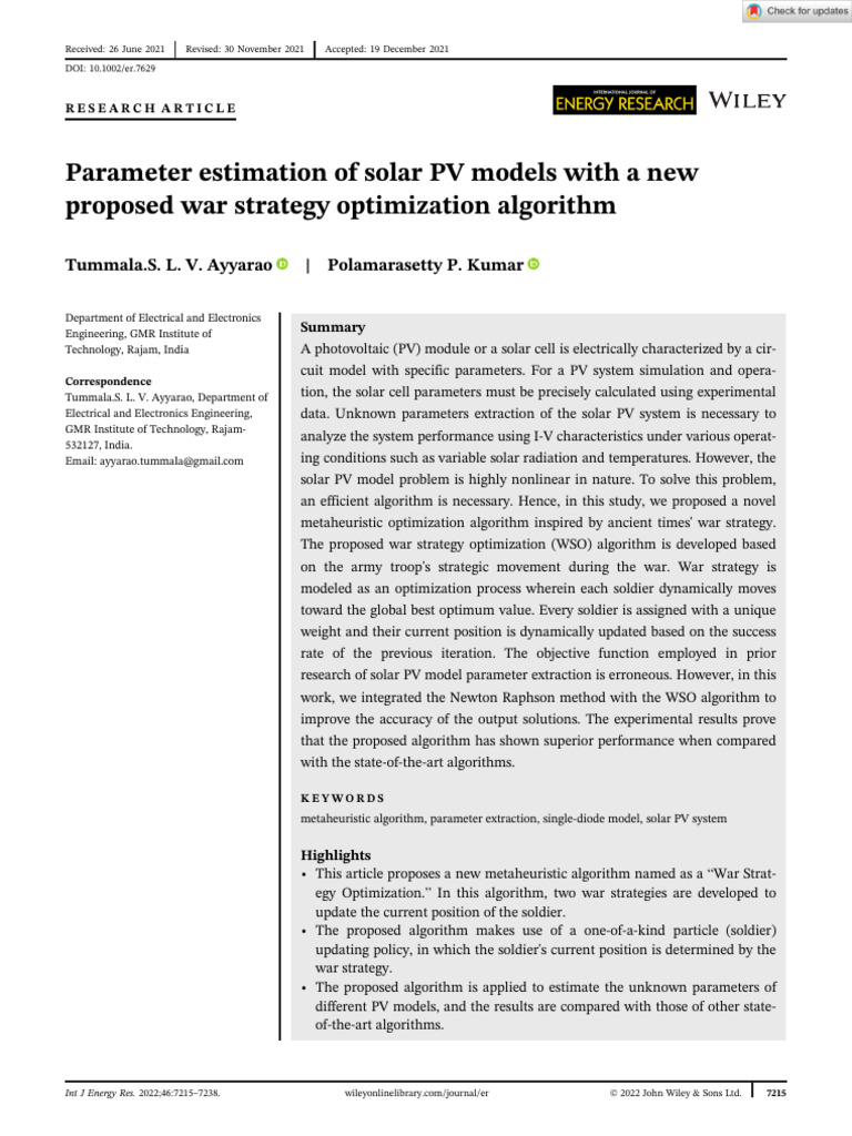 Intl J of Energy Research - 2022 - Ayyarao - Parameter Estimation of Solar PV Models With A New ...