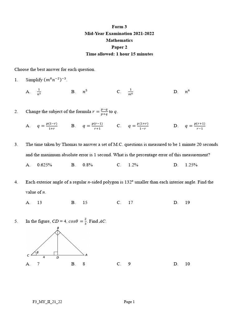 2022-F3 MY-MATH 2 (with Answers) | PDF | Area | Angle