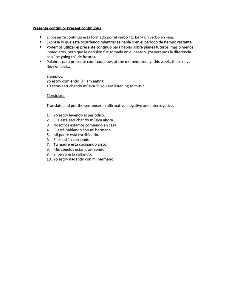 Ejercicios de Presente Continuo PDF | PDF