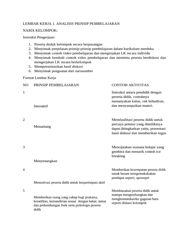 Lembar Kerja 1 Analisis Prinsip Pembelajaran | PDF