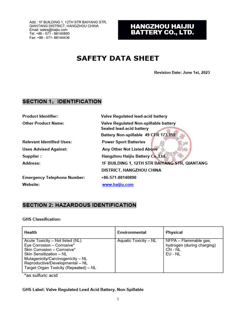 MSDS-SEALED Lead-Acid Battery | PDF | Nausea | Medical Specialties