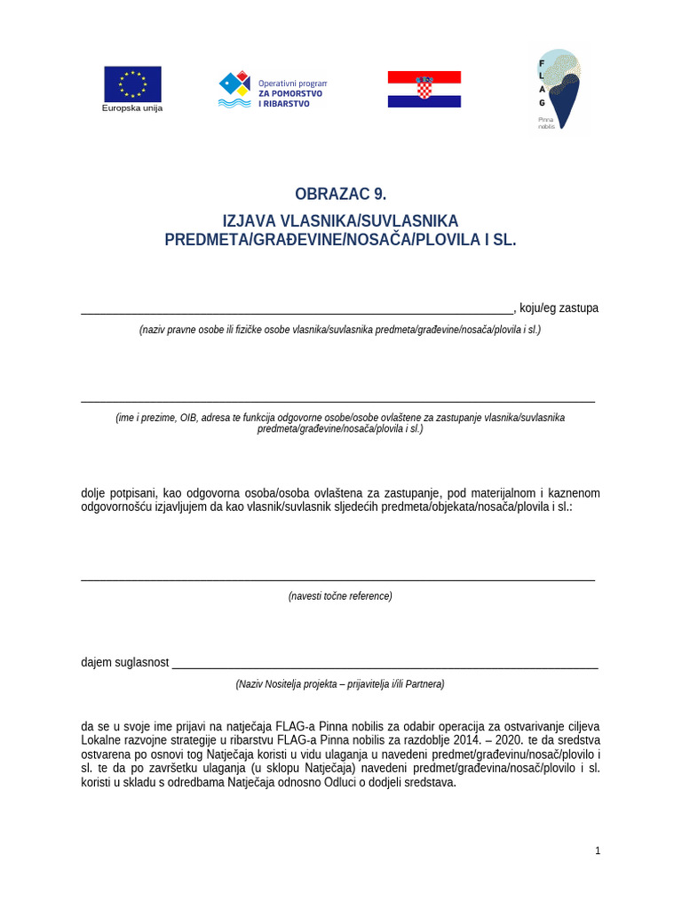 Obrazac 9. Izjava Vlasnika Suvlasnika Predmeta Gradevine Nosaca Plovila ...