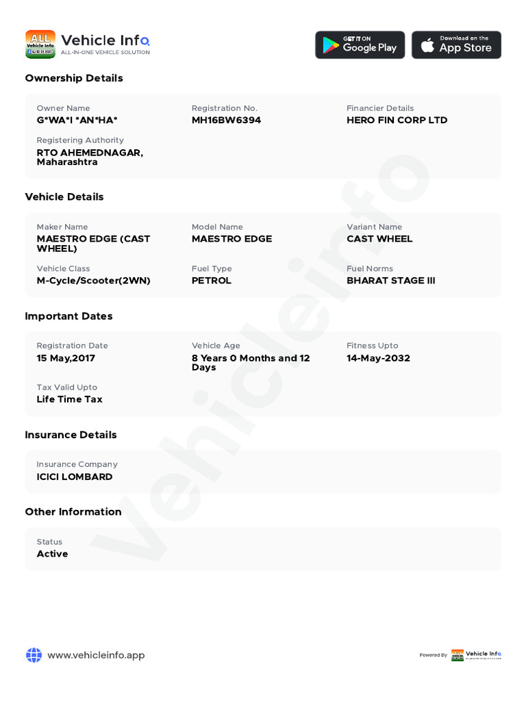 Ownership Details: Owner Name Registration No. Financier Details | PDF