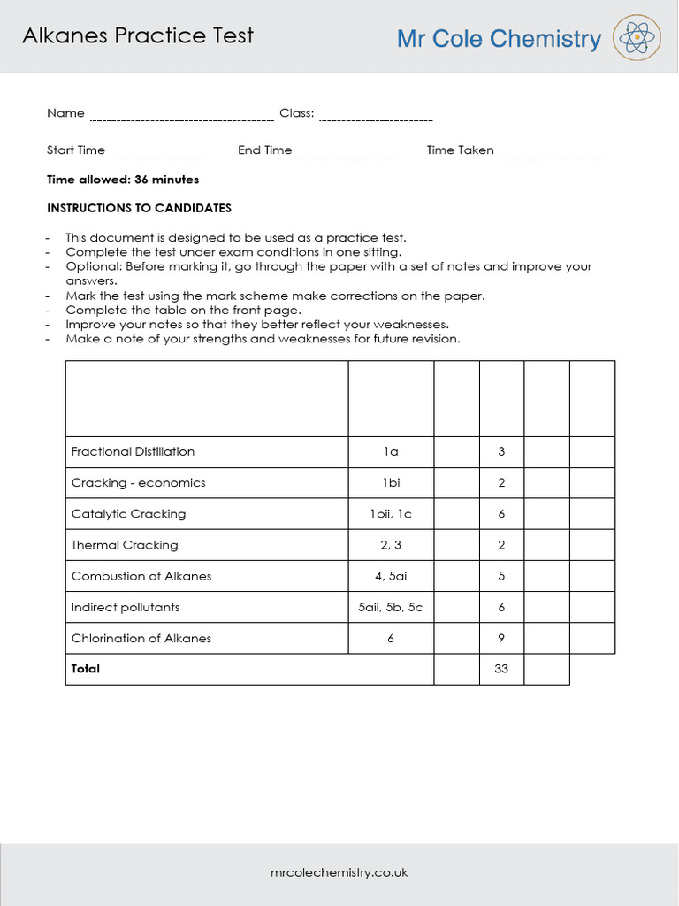 Alkanes Practice Test 1 | PDF | Cracking (Chemistry) | Combustion