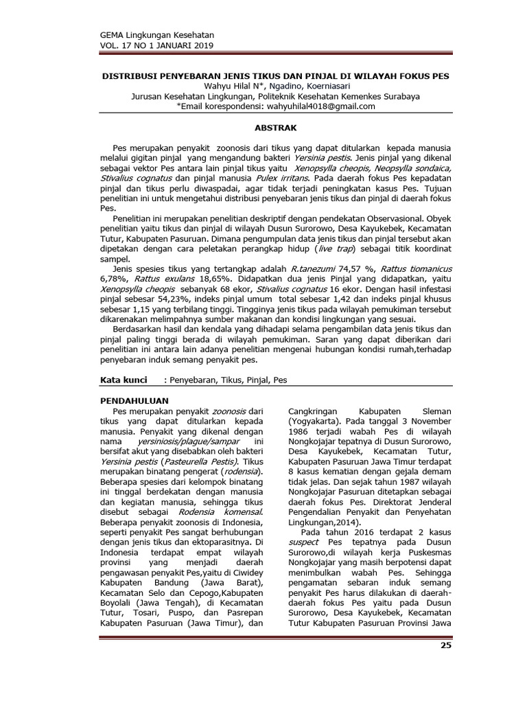Distribusi Penyebaran Jenis Tikus Dan Pinjal Di Wilayah Fokus Pes | PDF