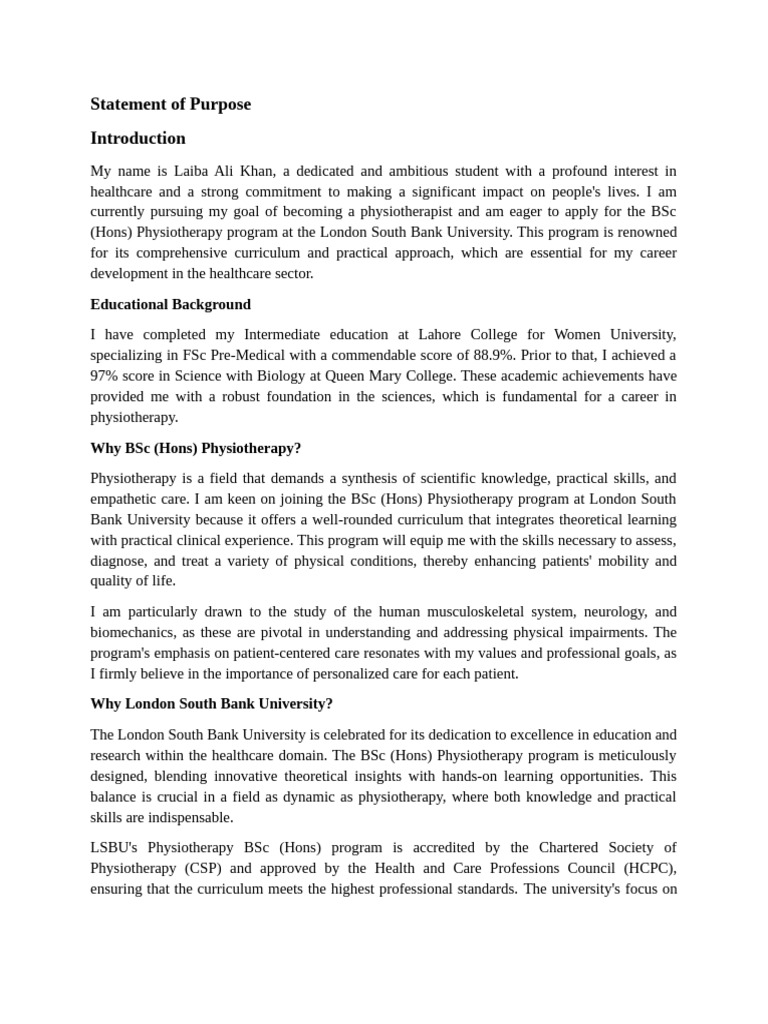 Statement of Purpose LSBU | PDF | Physical Therapy | Health Care