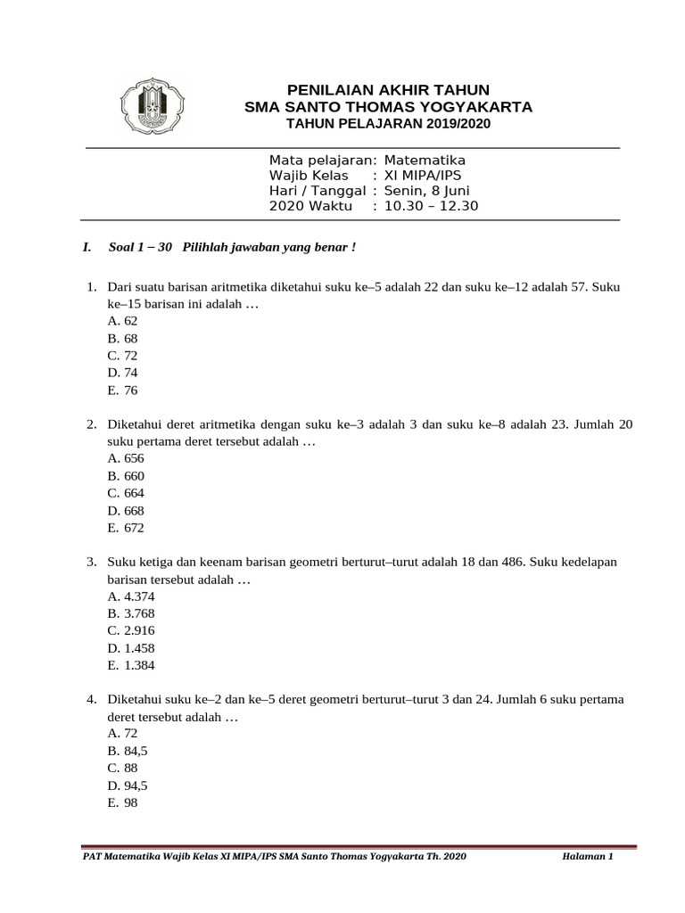 Soal PAT Matematika Wajib Kelas XI MIPA IPS 2020 | PDF