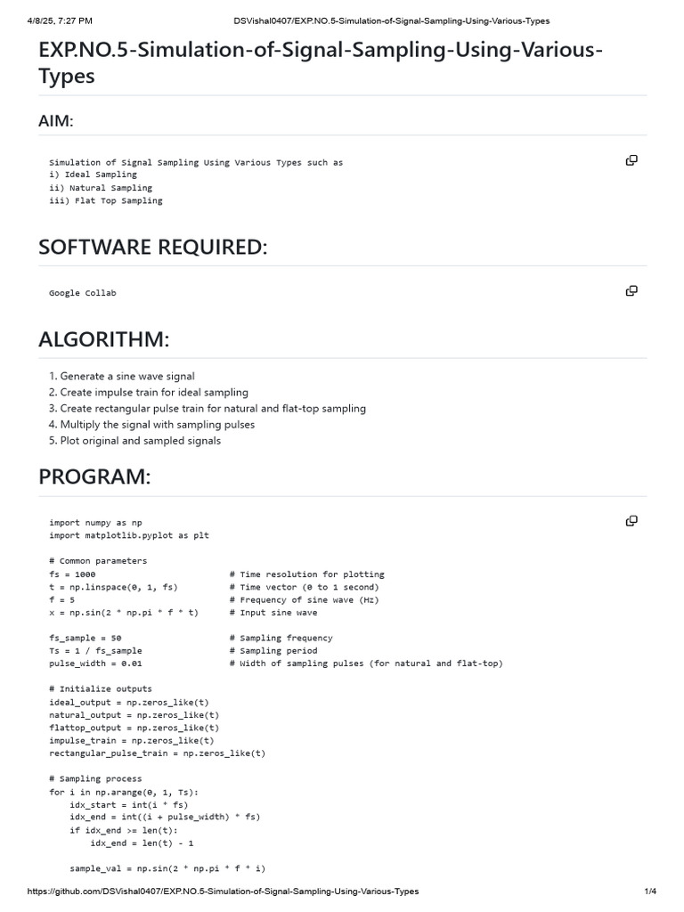 EXP - NO.5 Simulation of Signal Sampling Using Various Types | PDF | Sampling (Signal Processing ...