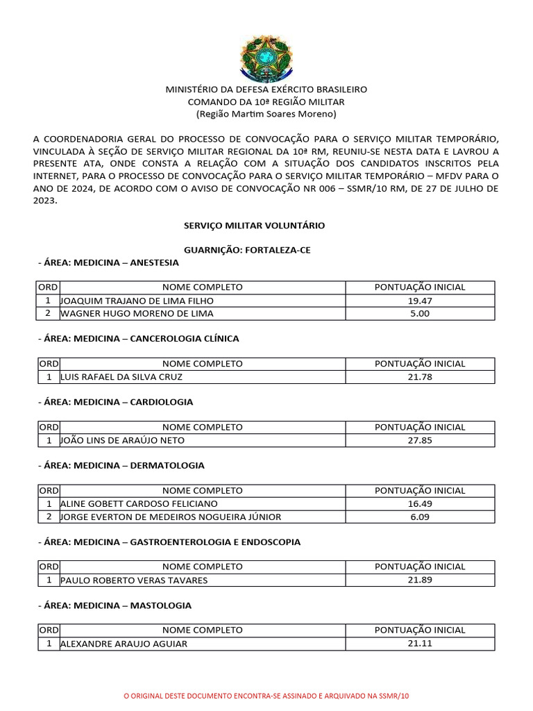 Ata Classificacao Inicial MFDV 2024 | PDF | Militar | Remédio