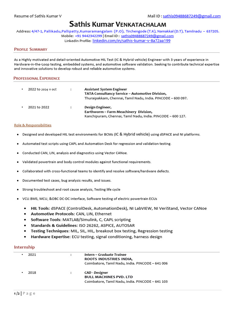 Automotive HIL Test Engineer Resume | PDF | Computer Science | Computing