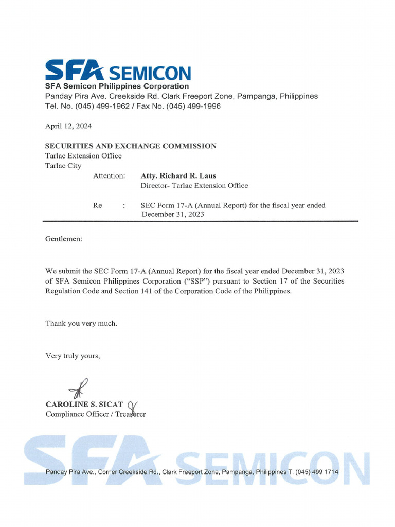 SFA Semicon Philippines 2023 Annual Report | PDF | Securities (Finance ...