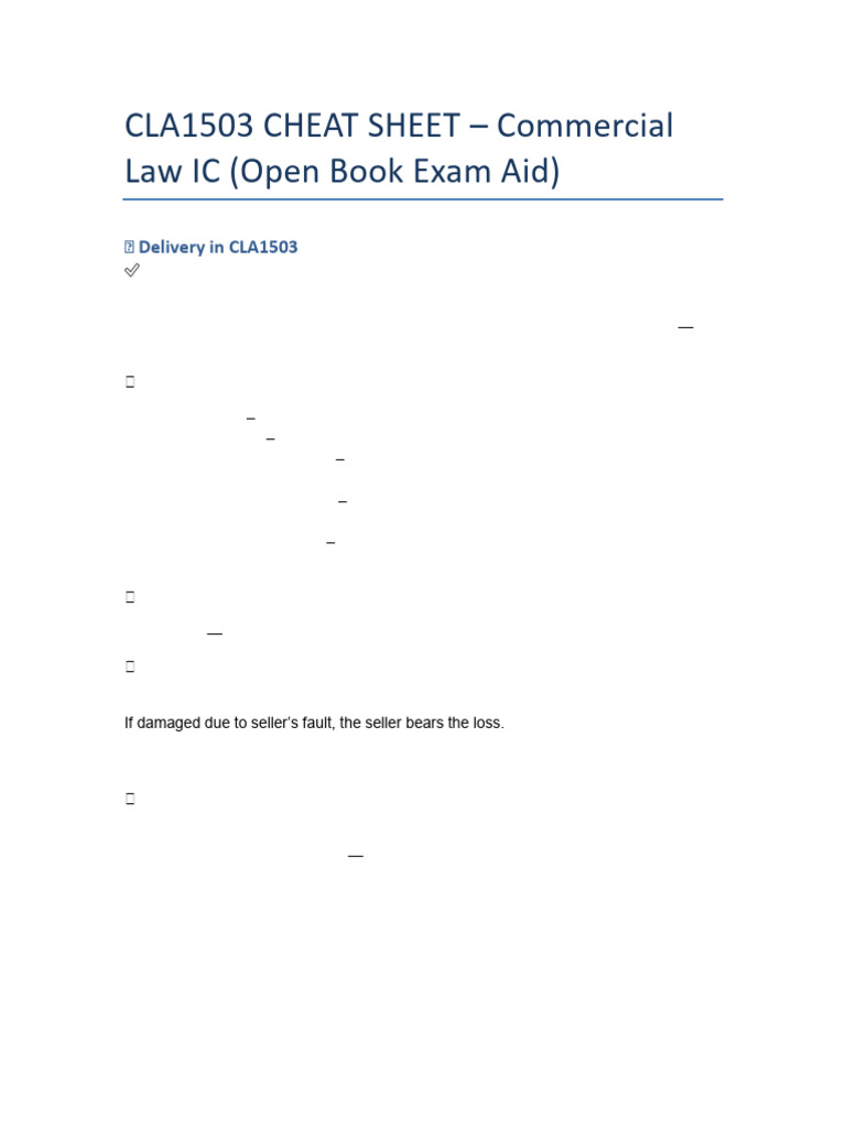 CLA1503 Commercial Law Exam Cheat Sheet | PDF | Lease | Sales
