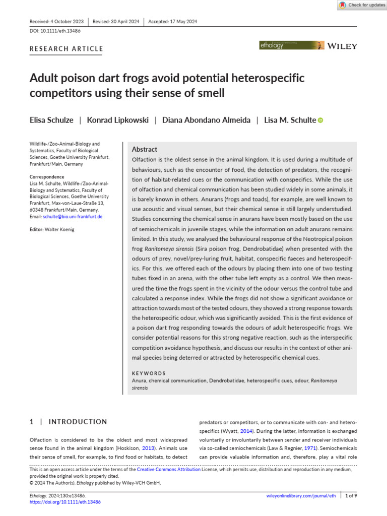 Poison Dart Frogs Avoid Heterospecific Odours | PDF | Odor | Frog