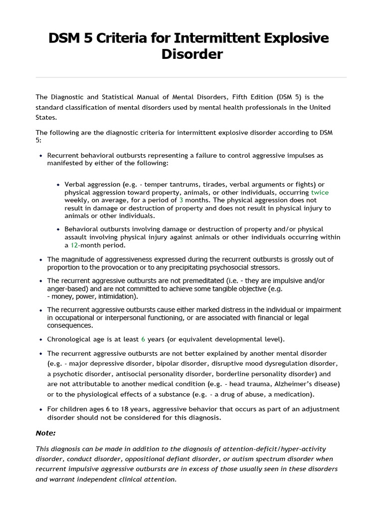 DSM-5 Criteria for Intermittent Explosive Disorder | PDF | Mental ...