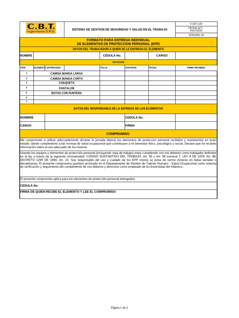 Formato Entrega EPP 2024 | PDF | Seguridad y salud ocupacional | Justicia