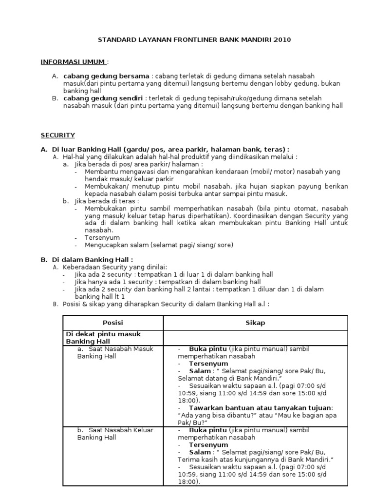 Standard Layanan Front Liner Bank Mandiri 2010 | PDF