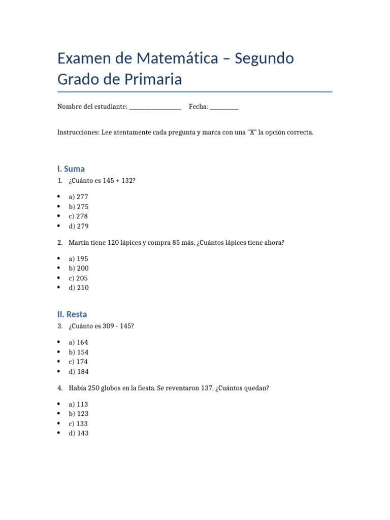 Examen Matematica Segundo Grado | PDF