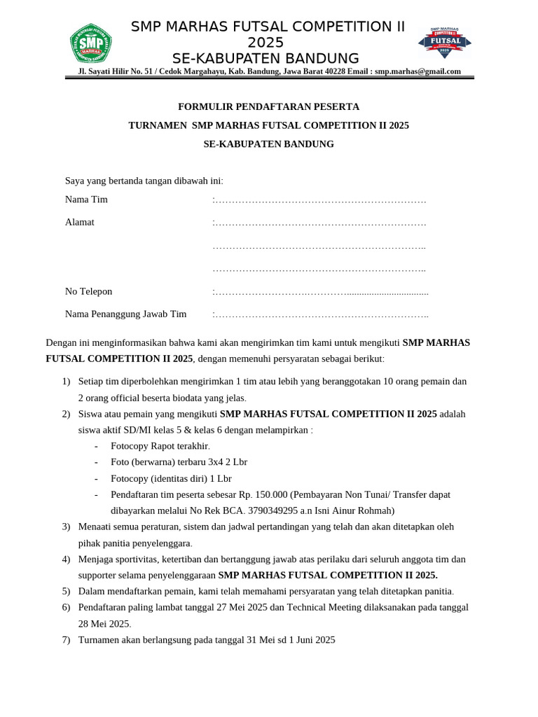 Formulir Pendaftaran Futsal 2025 | PDF