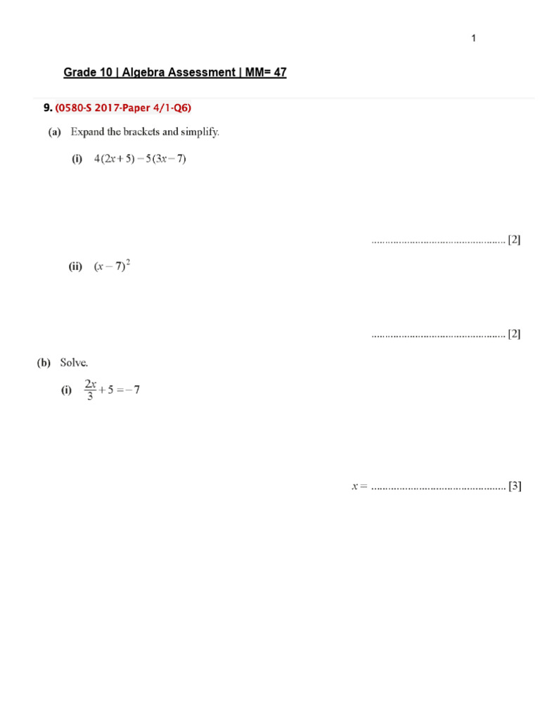 Grade 10 Algebra Assessment Guide | PDF