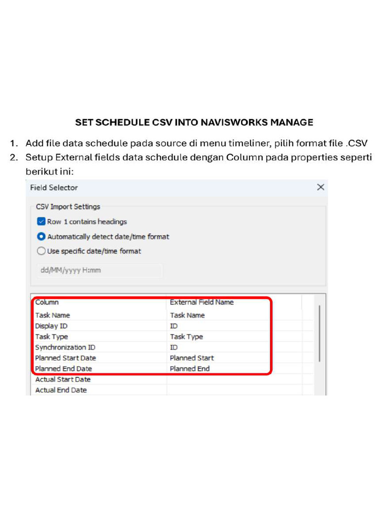PANDUAN SHEET SCHEDULE CSV INTO NAVISWORK MANAGE | PDF