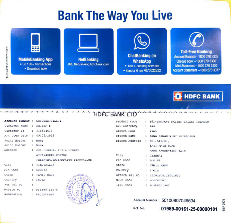 HDFC BANK PASS BOOK - Compressed | PDF | Banking
