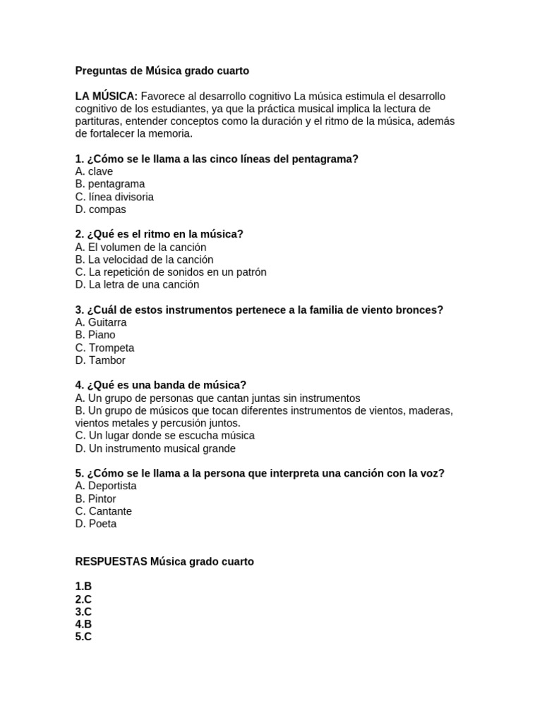 PREGUNTAS DE Música grado cuarto | PDF