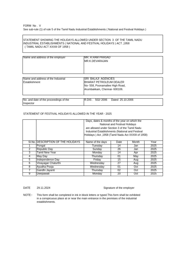 Form V TN Govt Holiday List-2025 | PDF
