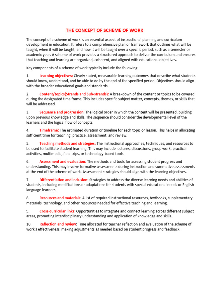 Key Components of a Scheme of Work | PDF | Educational Assessment ...