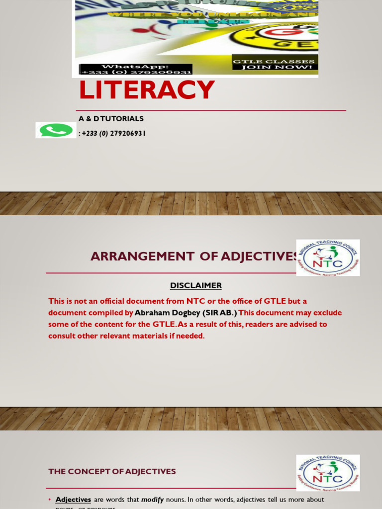 Literacy - Arrangement of Adjectives @a&DTutorials | PDF | Adjective | Noun