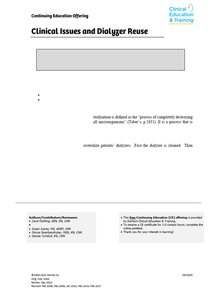 Clinical Issues & Dialzyer Reuse | PDF | Hemodialysis | Sterilization ...