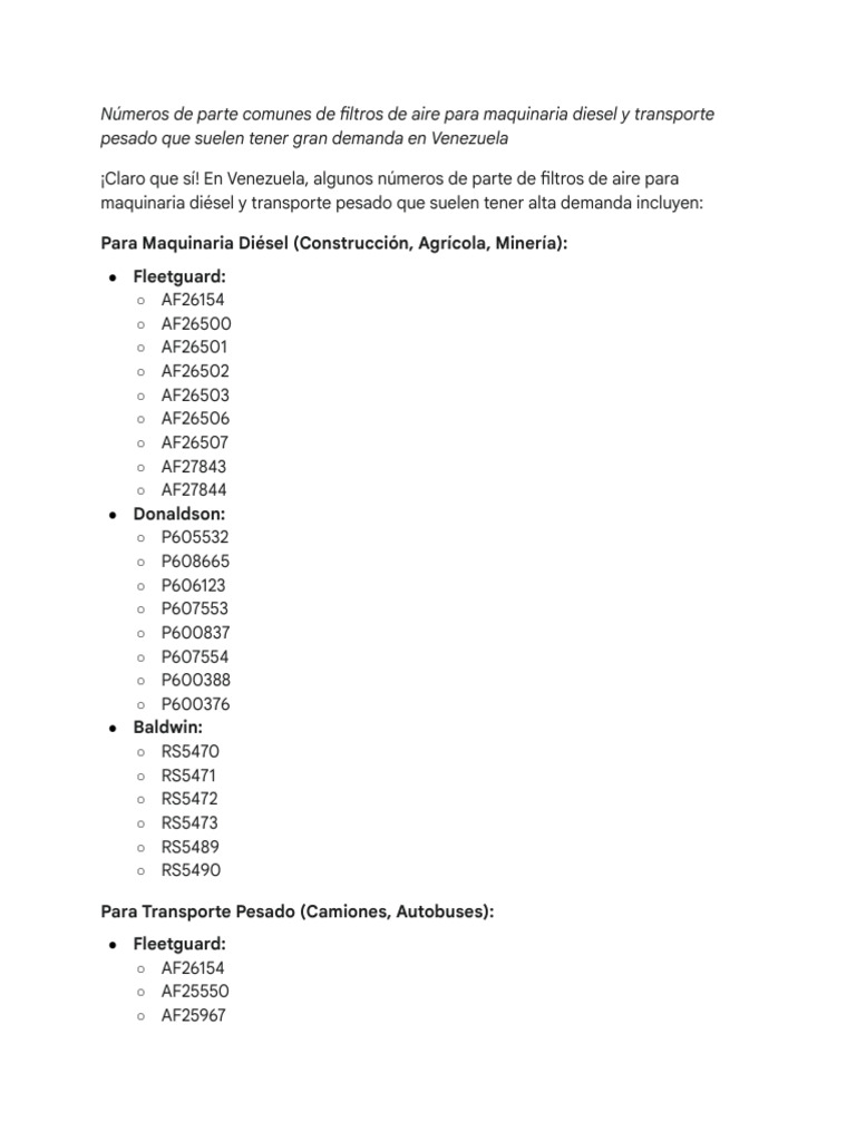 Números de Parte Comunes de Filtros de Aire Para... | PDF