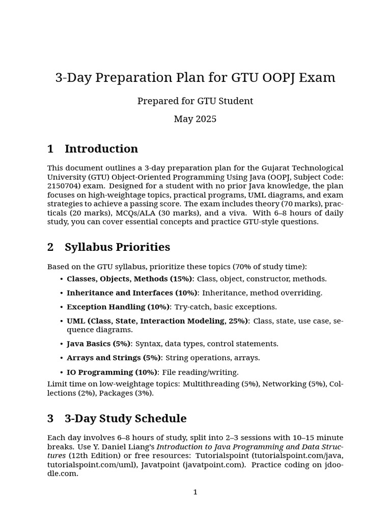 3-Day Preparation Plan For GTU OOPJ Exam | PDF | Class (Computer ...