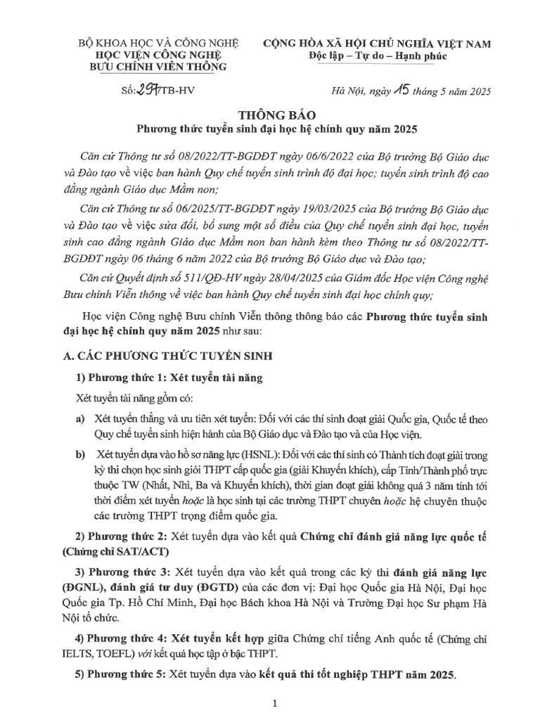 Thong Bao Phuong Thuc Tuyen Sinh DHCQ Nam 2025 | PDF