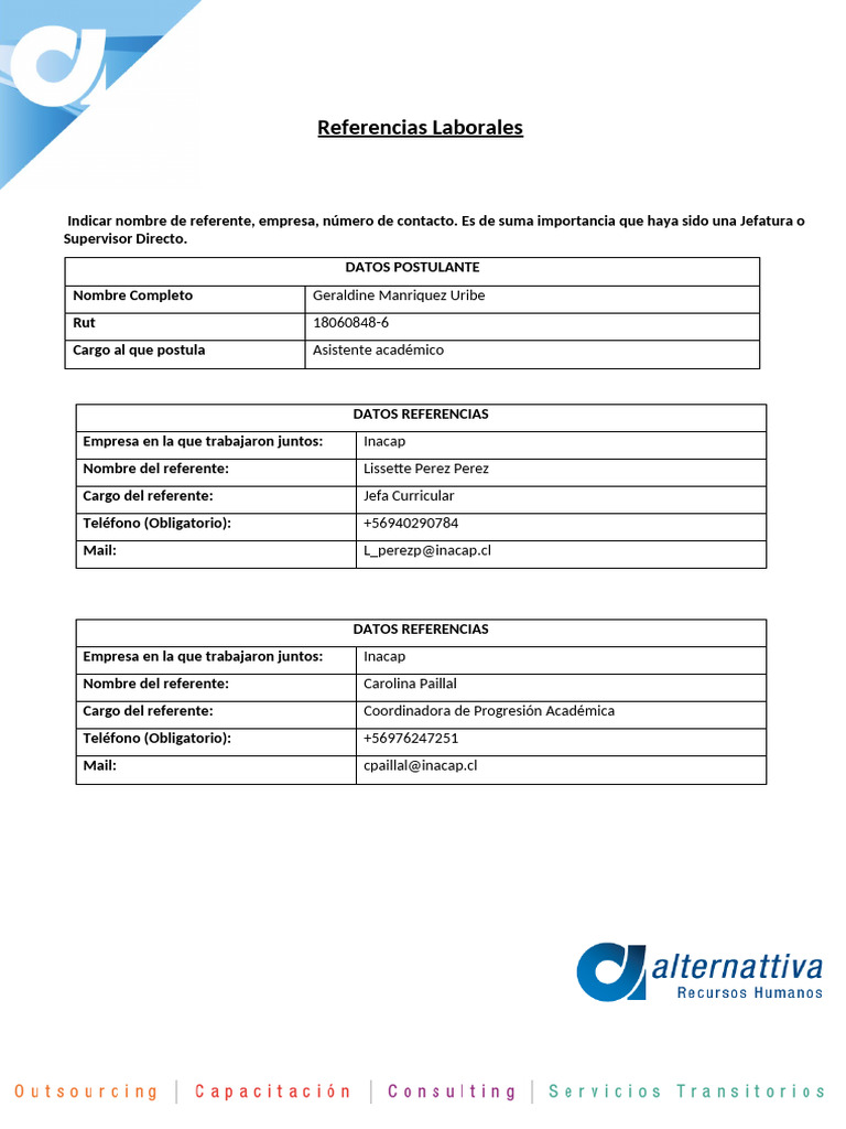 Ficha de Solicitud Referencias Laborales (Post) . | PDF
