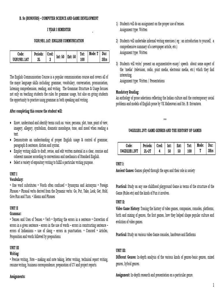 B.SC - Hons - CSGD I Year Syllabus | PDF | Class (Computer Programming ...