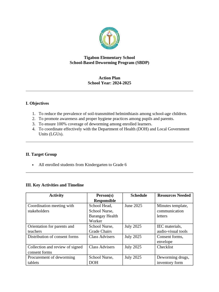 Tigabon Elementary Deworming Action Plan | PDF | Budget | Health Care