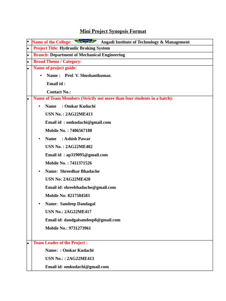 MiniProject - Synopsis - 2024 Hydraulic Breaking System | PDF | Reliability Engineering
