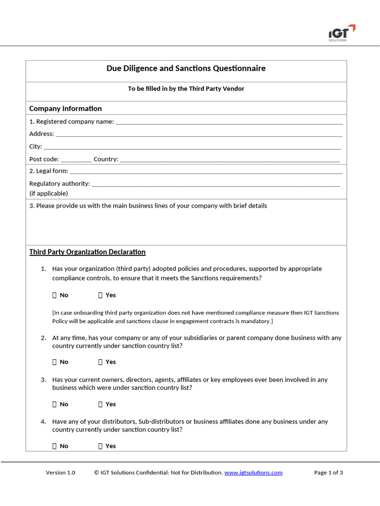 Sanctions Due Diligence Questionnaire | PDF | Office Of Foreign Assets ...