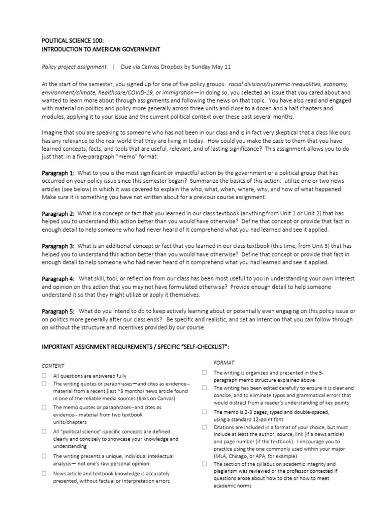 100 SP2025 Policy Project Assignment | PDF | Memorandum | Citation