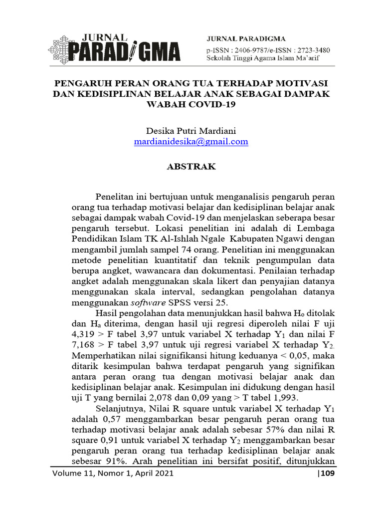 Pengaruh Peran Orang Tua Terhadap Motivasi Dan Kedisiplinan Belajar | PDF