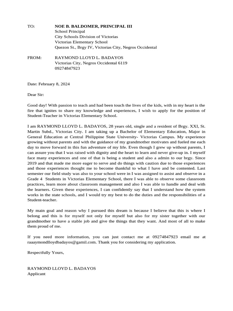 Student-Teacher Application Letter | PDF