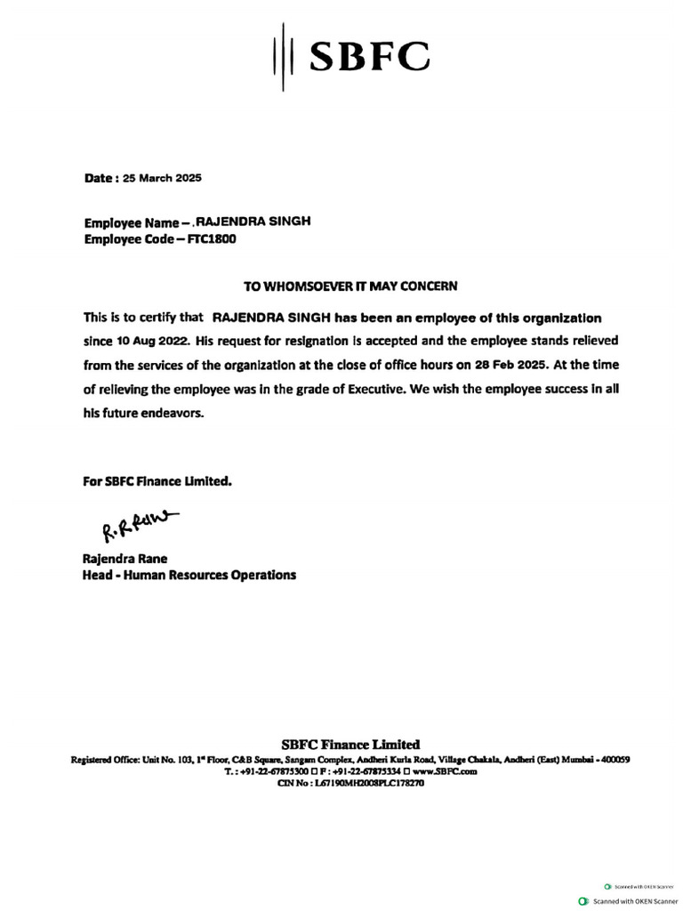 Relieving - Letter FTC1800 | PDF