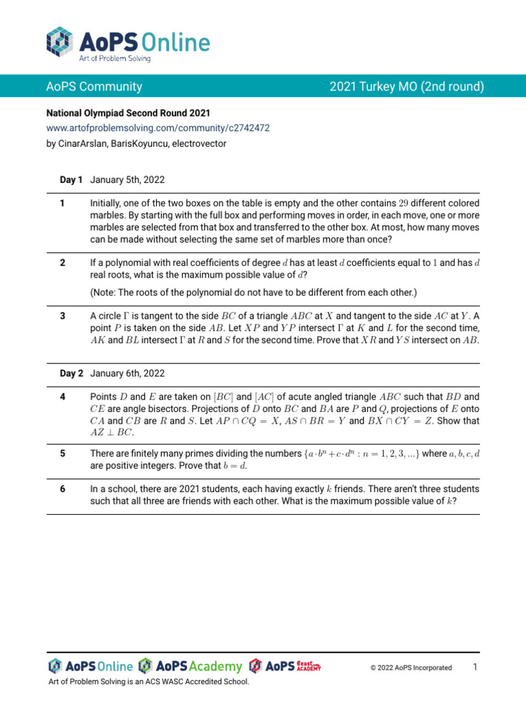 Aops Community 2021 Turkey Mo (2Nd Round) : National Olympiad Second Round 2021 | PDF