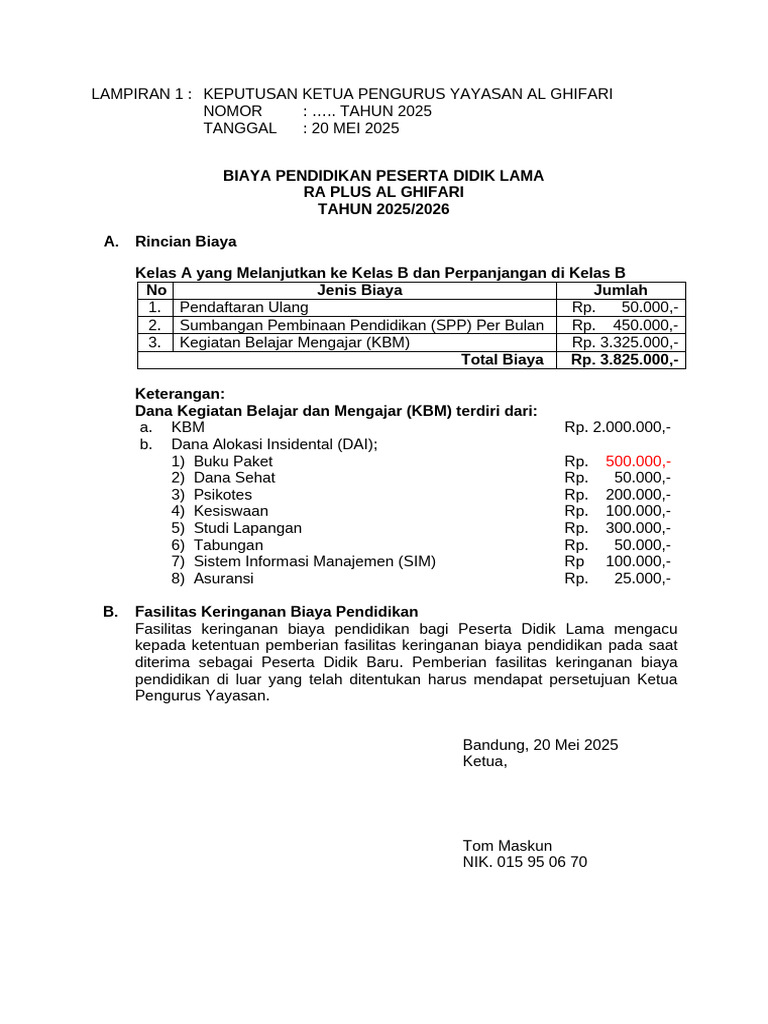 Biaya Pendidikan Al Ghifari 2025/2026 | PDF