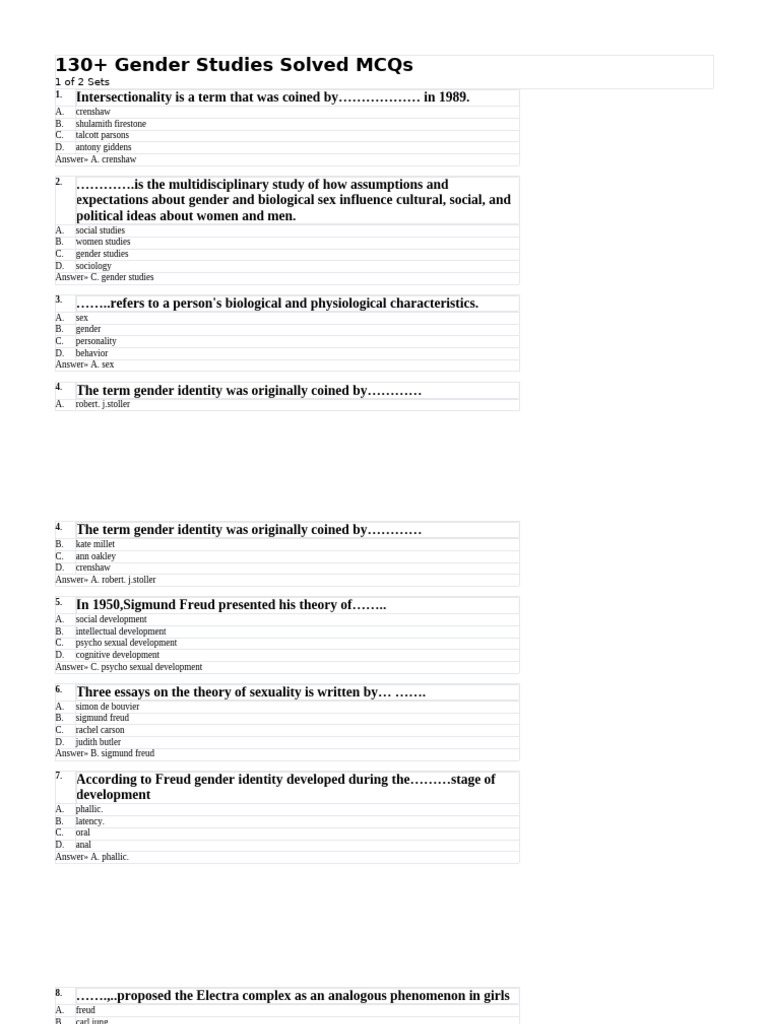 130+ Gender Studies MCQs with Answers | PDF | Ecofeminism | Gender Studies