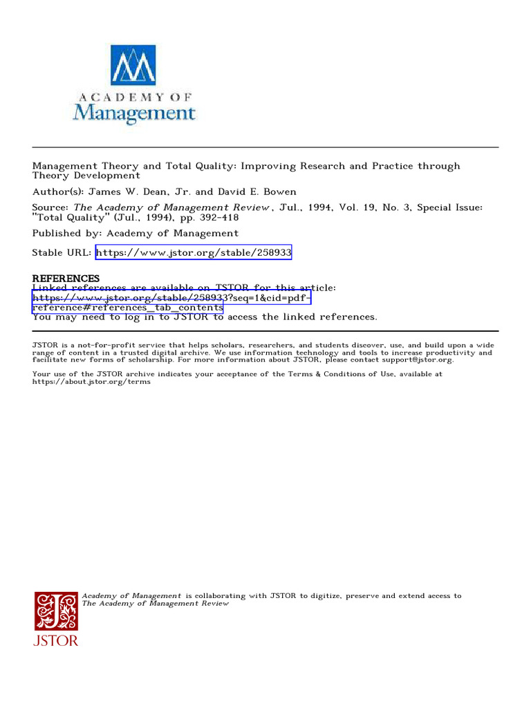 James W. Dean-ManagementTheoryTotal-1994 | PDF | Leadership | Theory