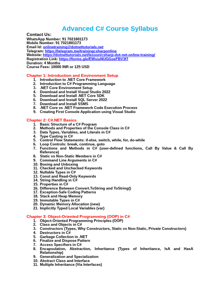 Advanced C# Course Syllabus | PDF | Method (Computer Programming) | C Sharp (Programming Language)