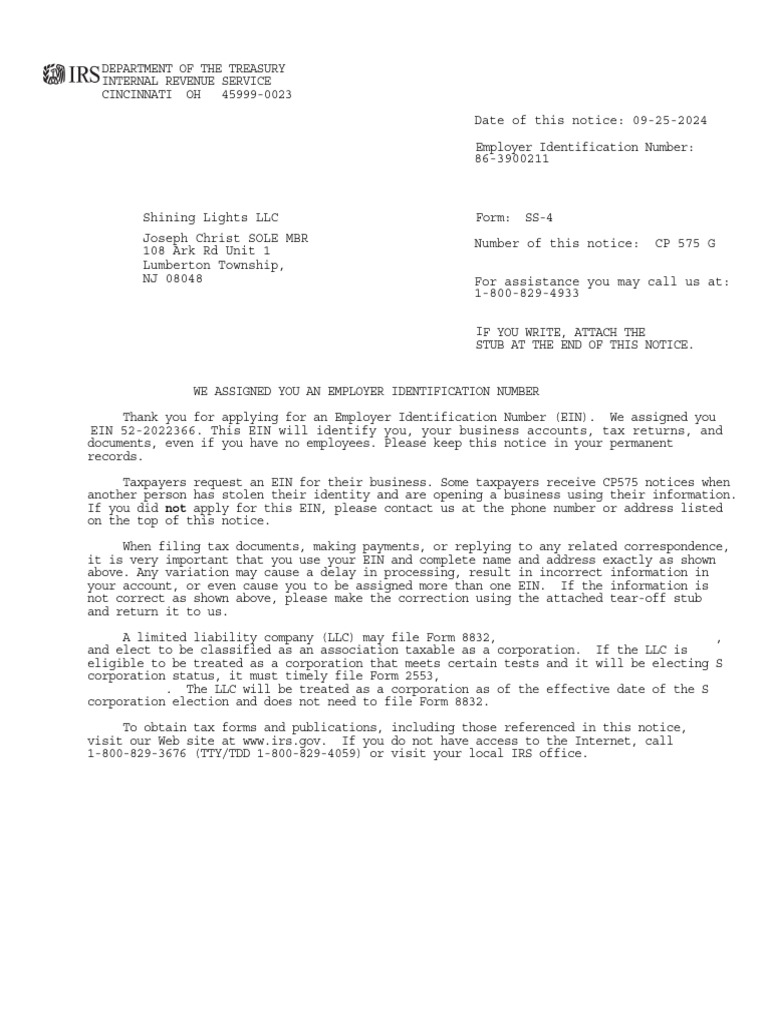 IRS Issued SS-4 Shining Lights LLC | PDF | Limited Liability Company ...