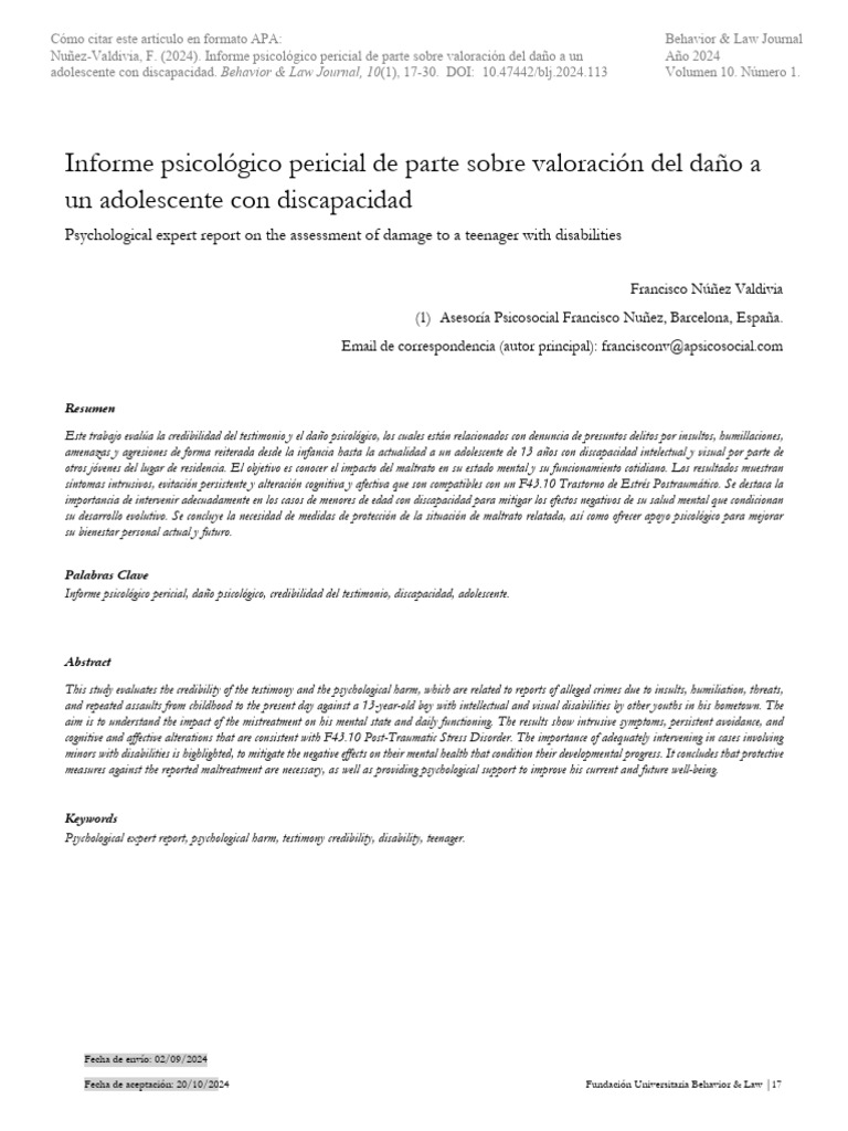 Informe Psicológico Pericial de Parte Sobre Valoración Del Daño A Un Adolescente Con ...