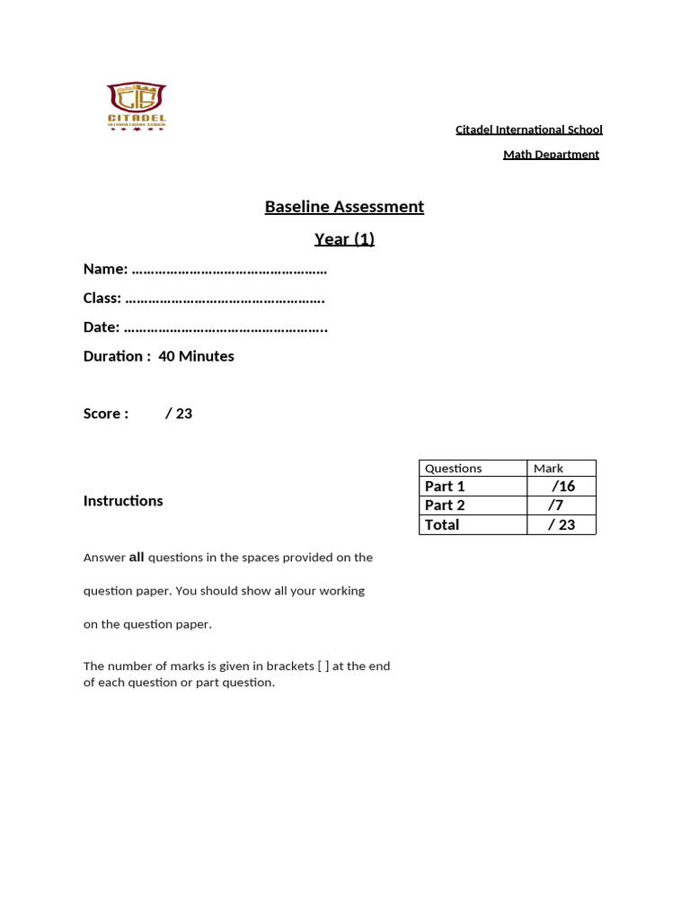Year (1) - Math - Baseline Test | PDF | Elementary Geometry | Euclidean ...